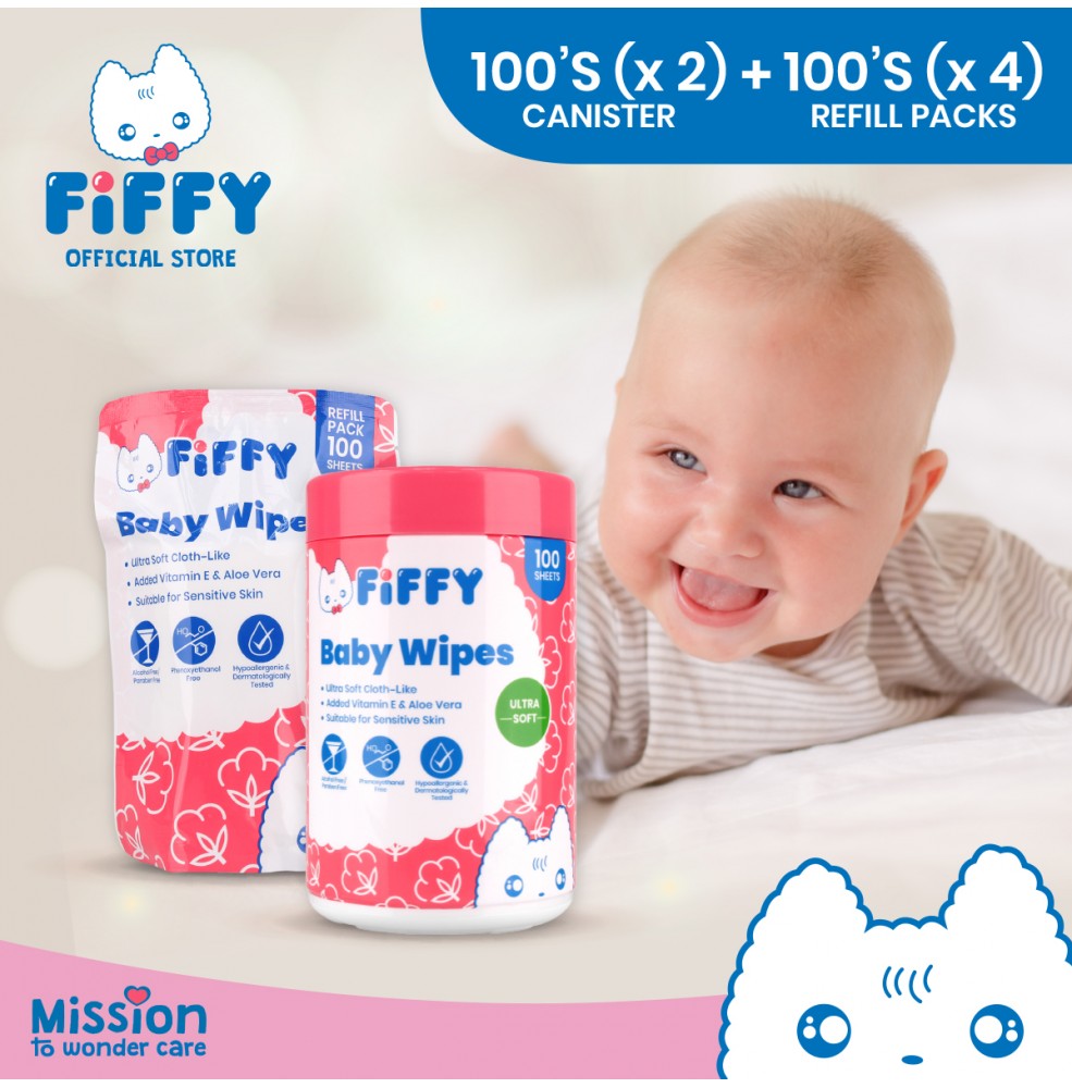FIFFY BABY ULTRA SOFT WIPES BUNDLE 100's CAN*2 + 100's REFILL*4-