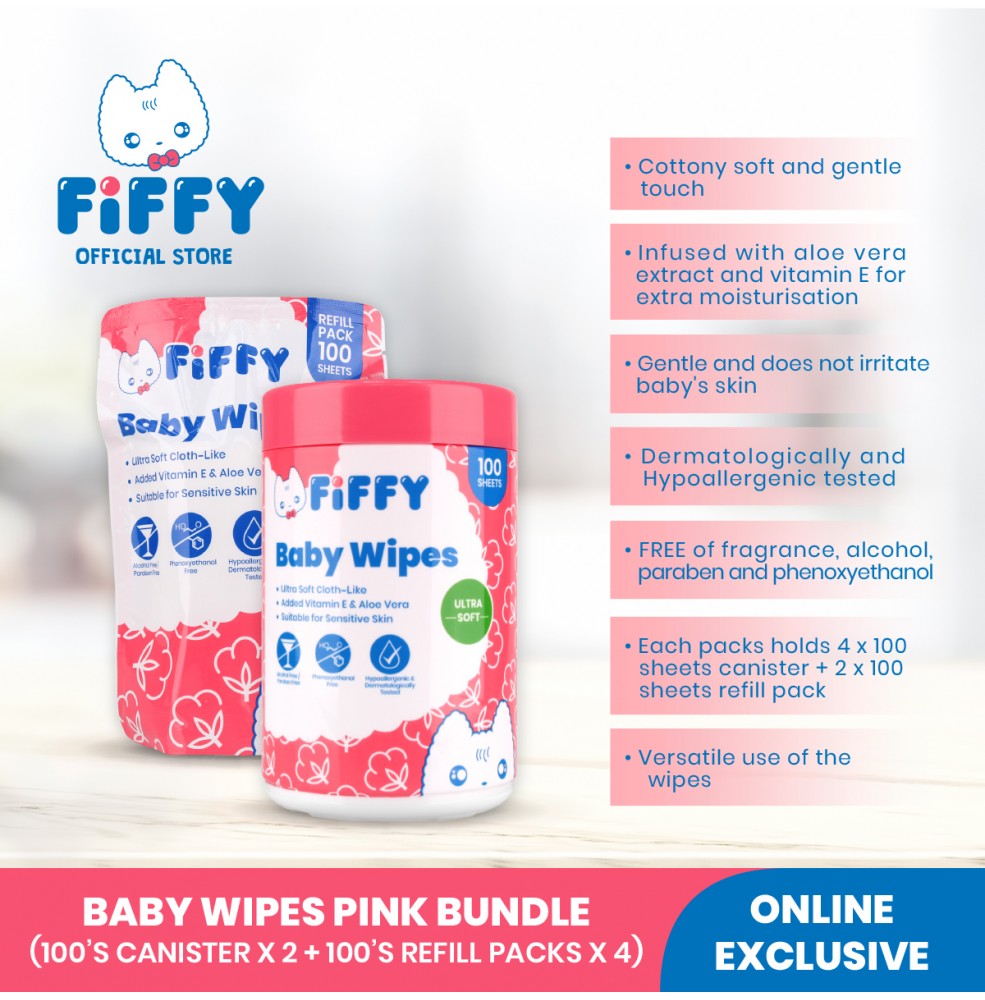 FIFFY BABY ULTRA SOFT WIPES BUNDLE 100's CAN*2 + 100's REFILL*4-
