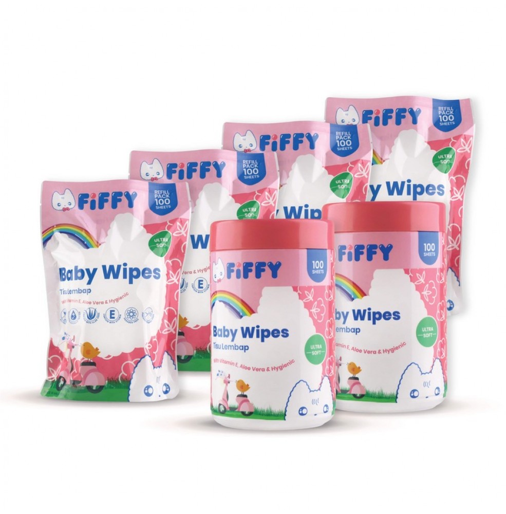 FIFFY BABY ULTRA SOFT WIPES BUNDLE 100's CAN*2 + 100's REFILL*4-