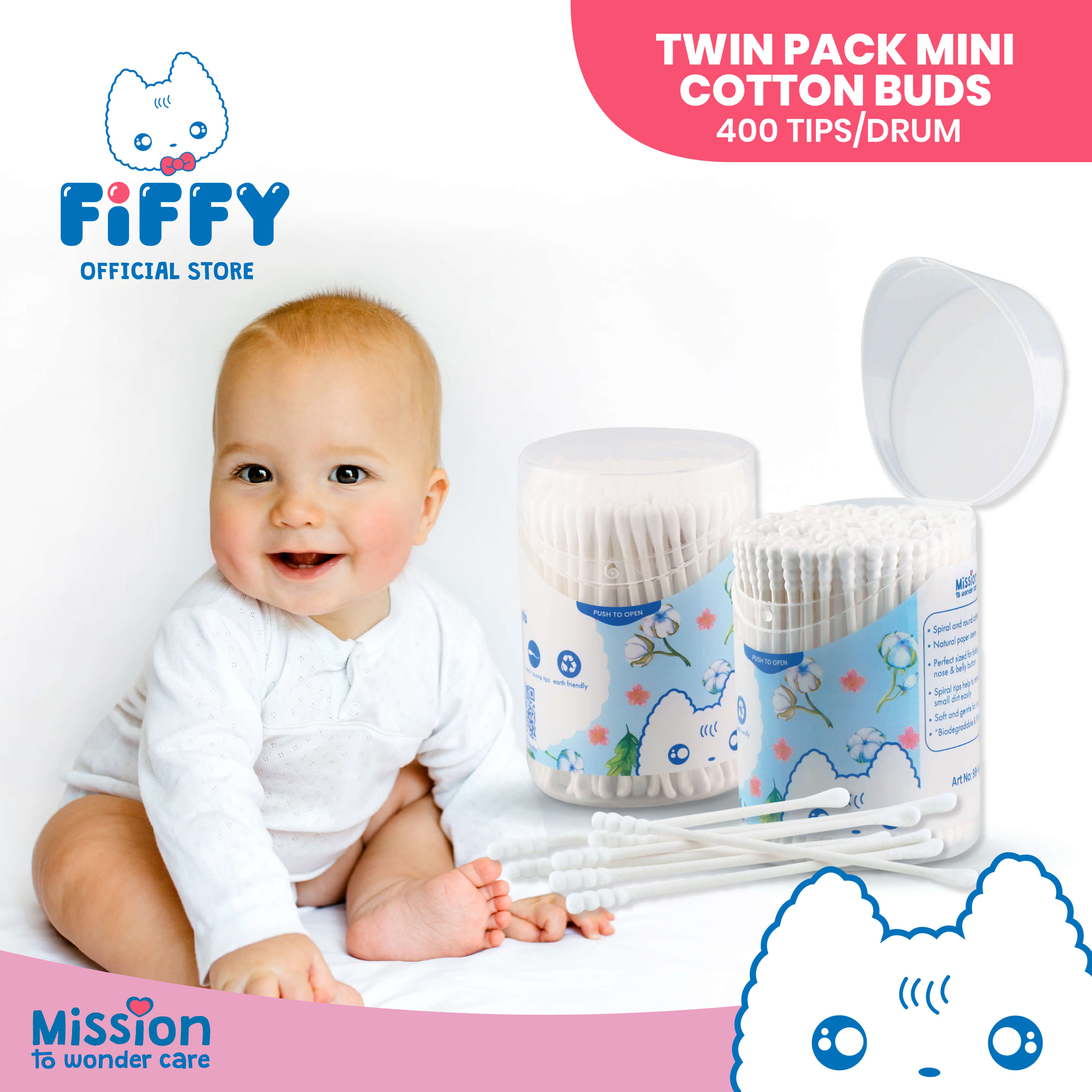 FIFFY TWIN PACK MINI COTTON BUD (100PCS x 2 DRUMS) 98-643